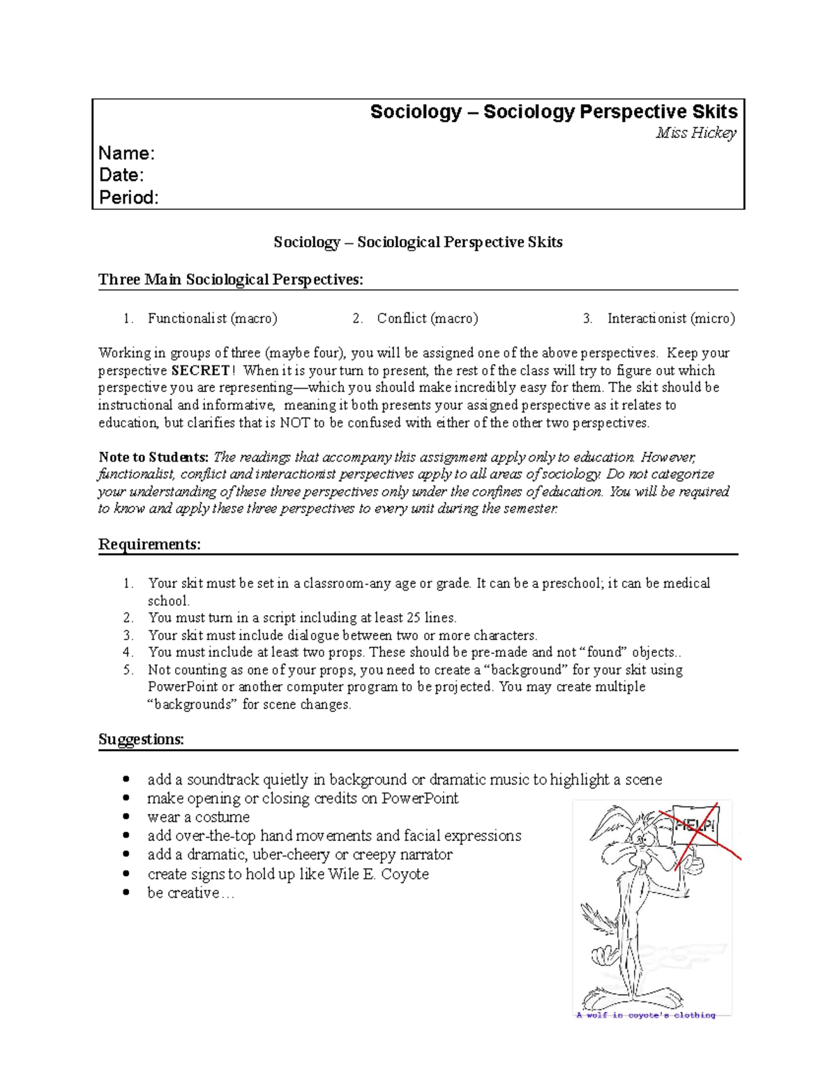 Sociology sociological perspective skits directions and rubric edited ...