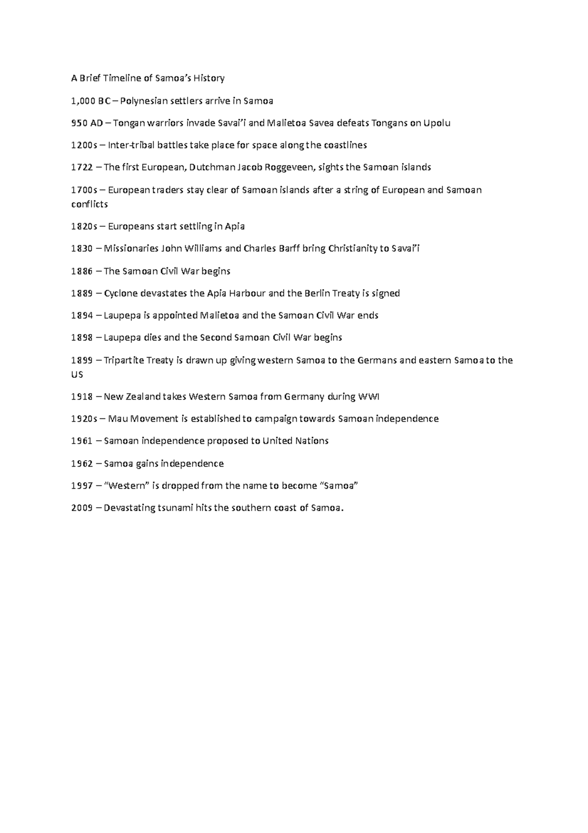 A Brief Timeline of Samoa - Studocu