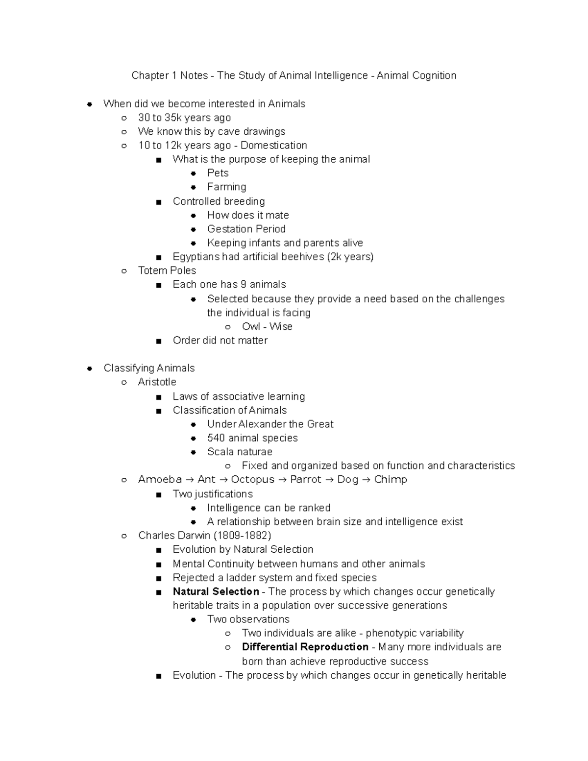 Chapter 1 Notes - The Study of Animal Intelligence - Animal Cognition ...