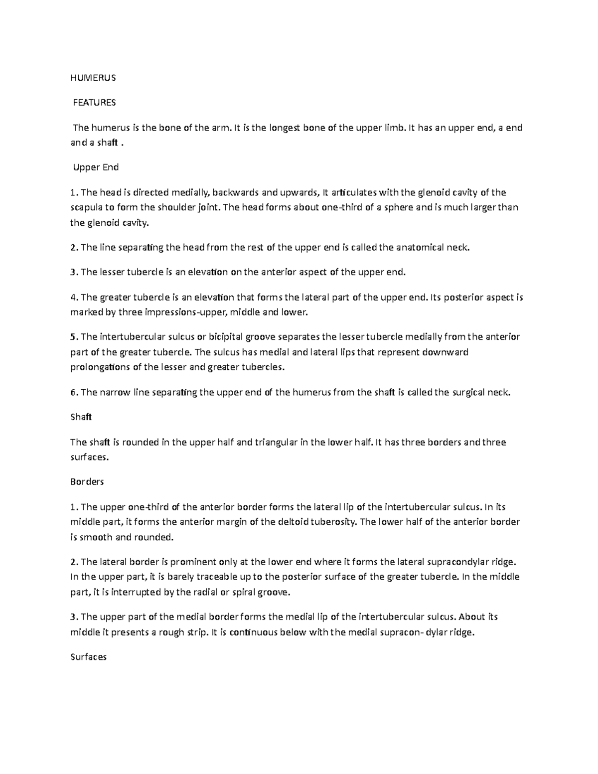 Humerus-WPS Office - Lecture notes 2 - HUMERUS FEATURES The humerus is ...