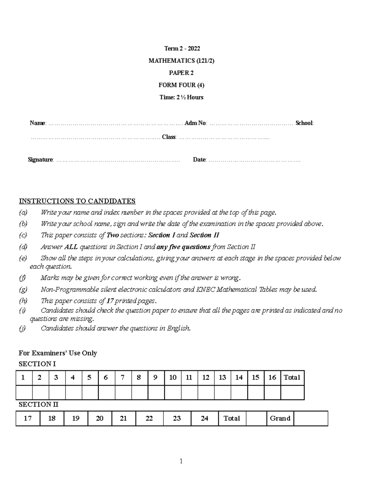 Mathematics-F4-P2 - Term 2 - 2022 MATHEMATICS (121/2) PAPER 2 FORM FOUR ...