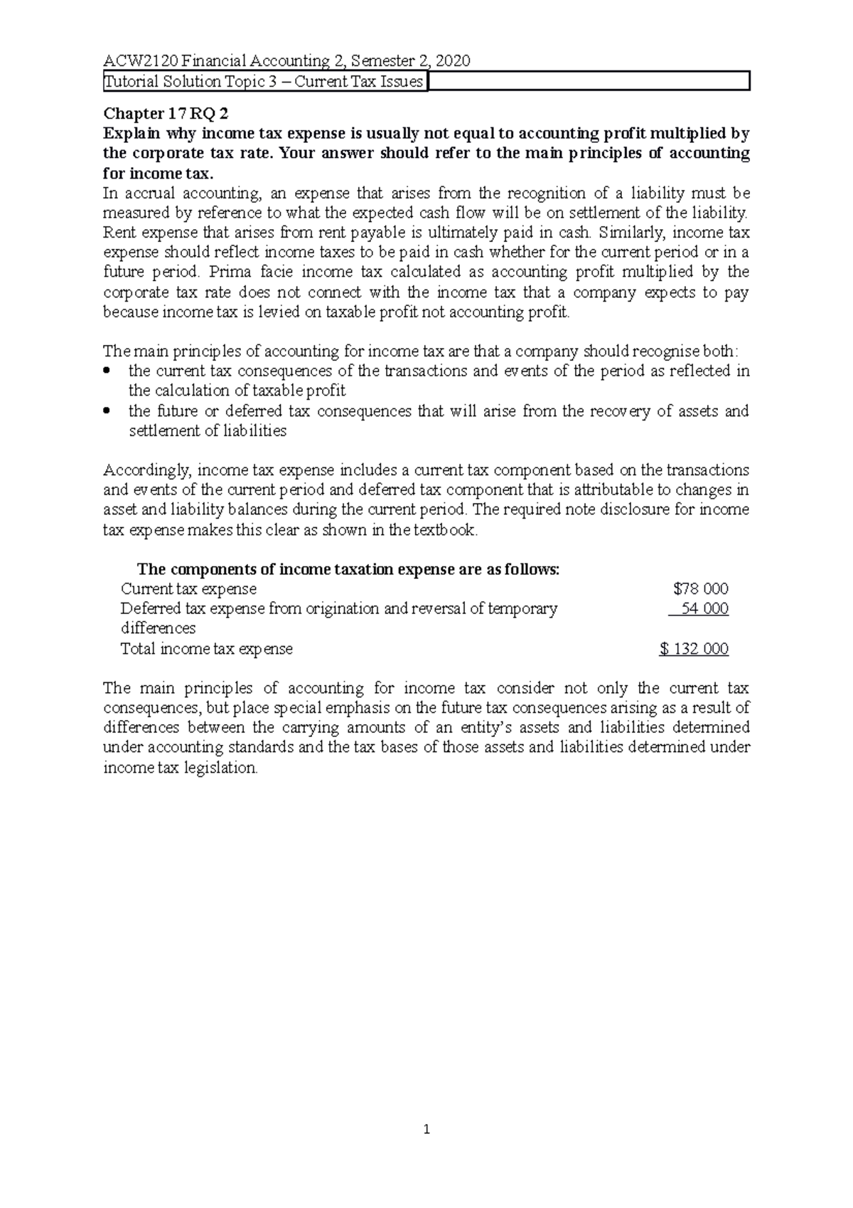 Tute 3 - tutorial question and solution - Tutorial Solution Topic 3 – Current Tax Issues Chapter ...
