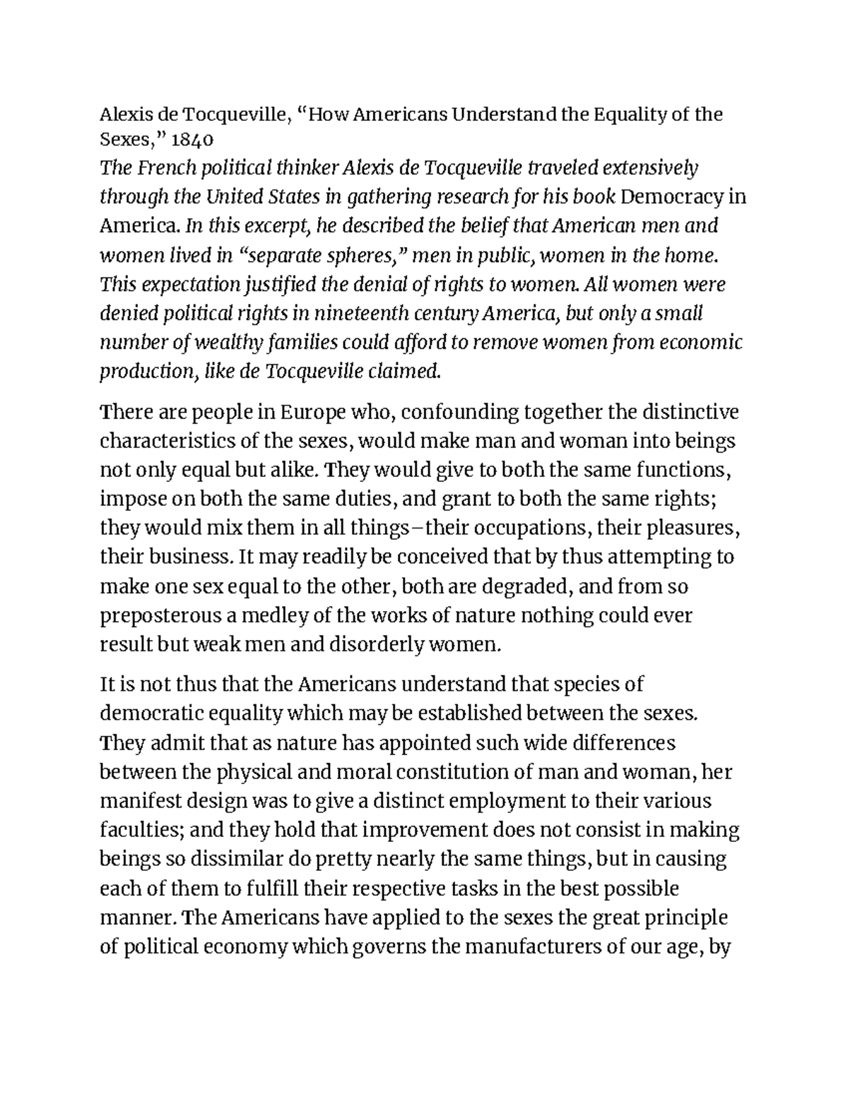Alexis De Tocqueville Notes - Alexis de Tocqueville, “How Americans ...