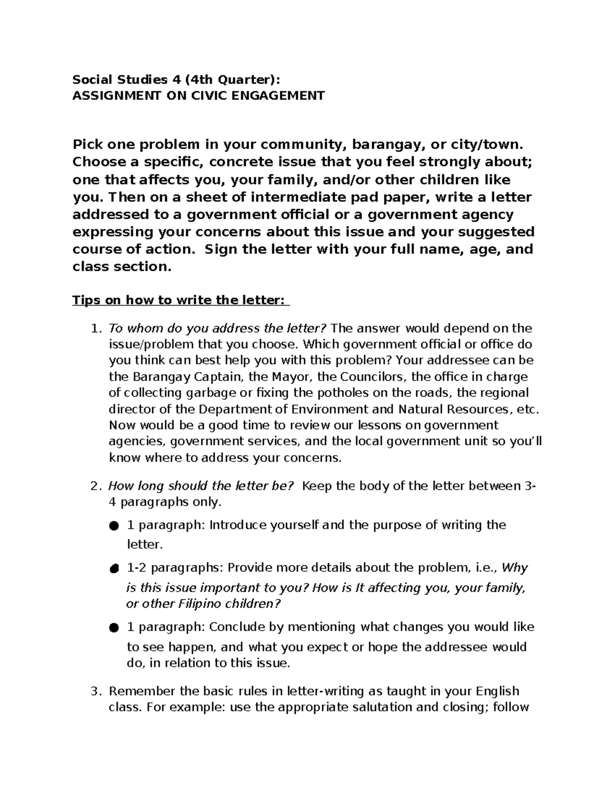 Civic Engagement Assignment - Social Studies 4 (4th Quarter ...