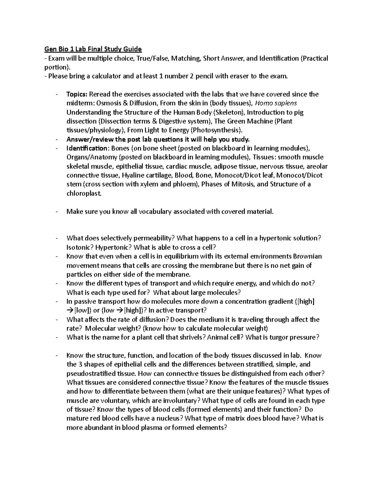 Gen Bio 1 Lab Final Study Guide - Gen Bio 1 Lab Final Study Guide Exam ...