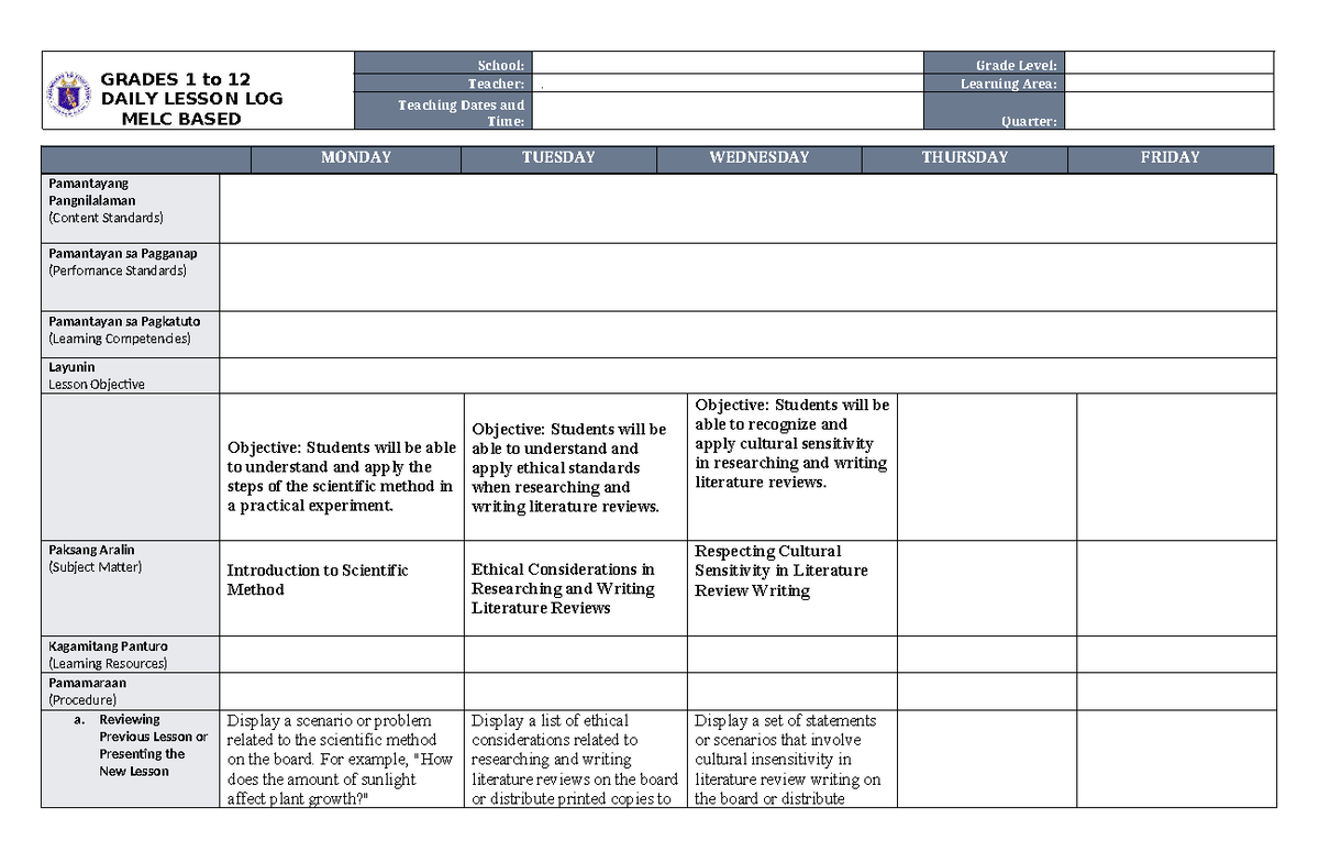WEEK 6 - Practical research 1 Lesson Plan week 6 - GRADES 1 to 12 DAILY ...