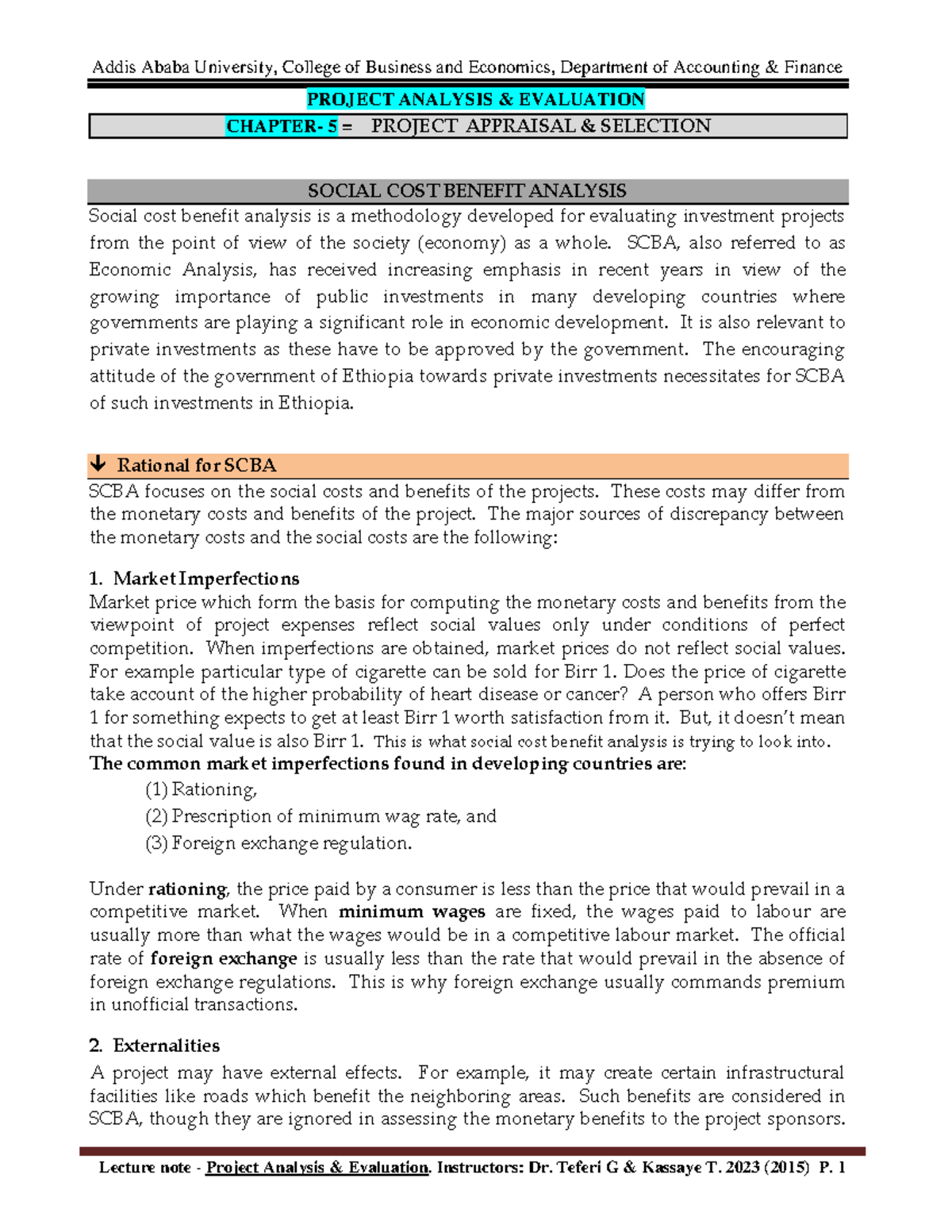 Ch. 5 - yes - PROJECT ANALYSIS & EVALUATION SOCIAL COST BENEFIT ...
