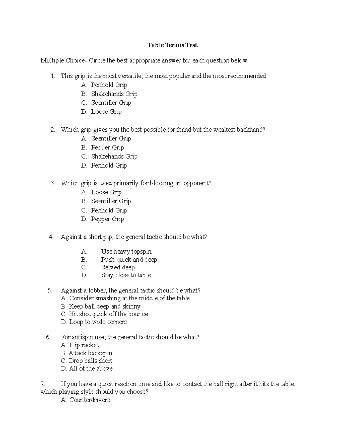 Table Tennis Test - Table Tennis Test Multiple Choice- Circle the best ...
