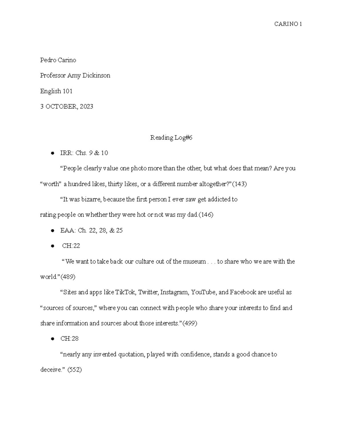 Reading Log#5 - CARINO 1 Pedro Carino Professor Amy Dickinson English ...
