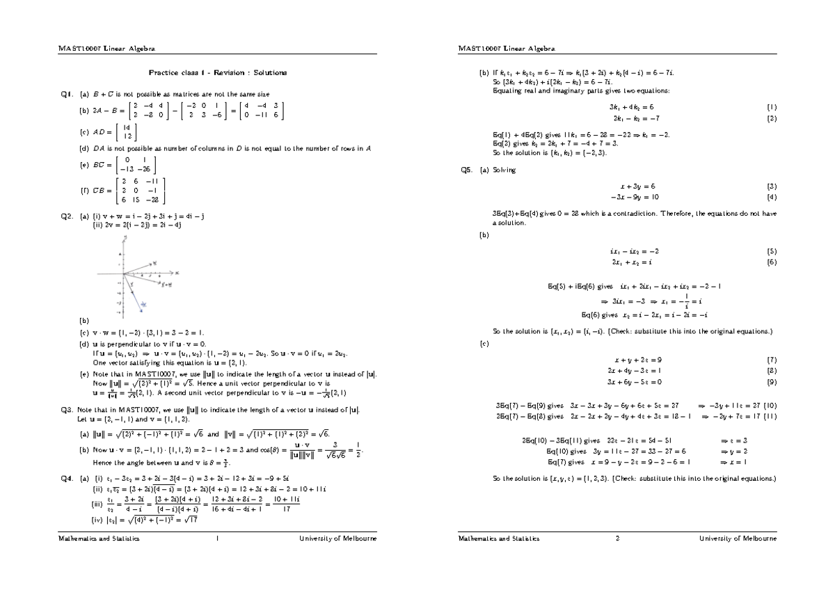 T01 solutions(printing)-1 - MAST10007 Linear Algebra Practice class 1 - Revision : Solutions Q1 ...