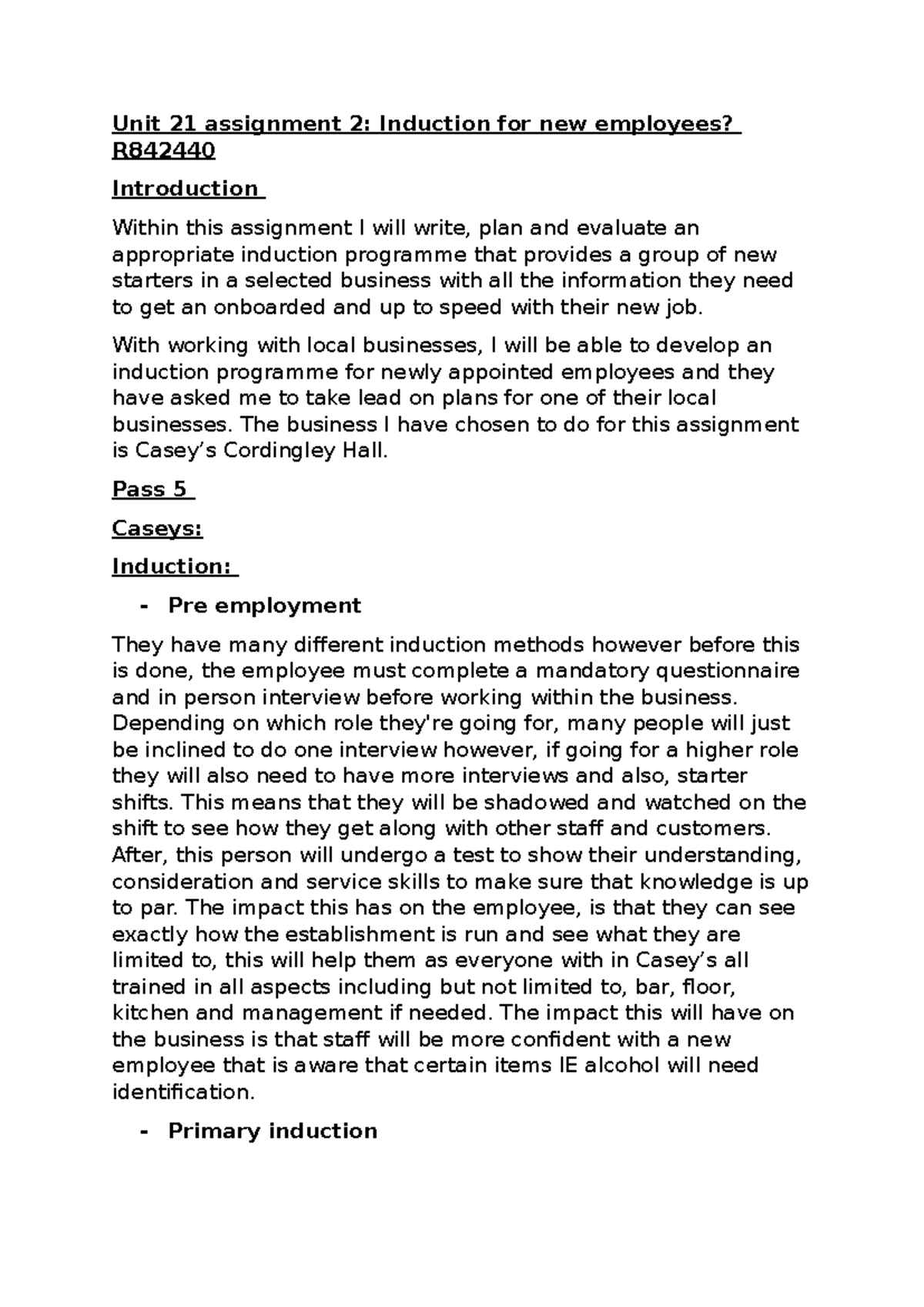 Unit 21 assignment 2 - Unit 21 assignment 2: Induction for new ...