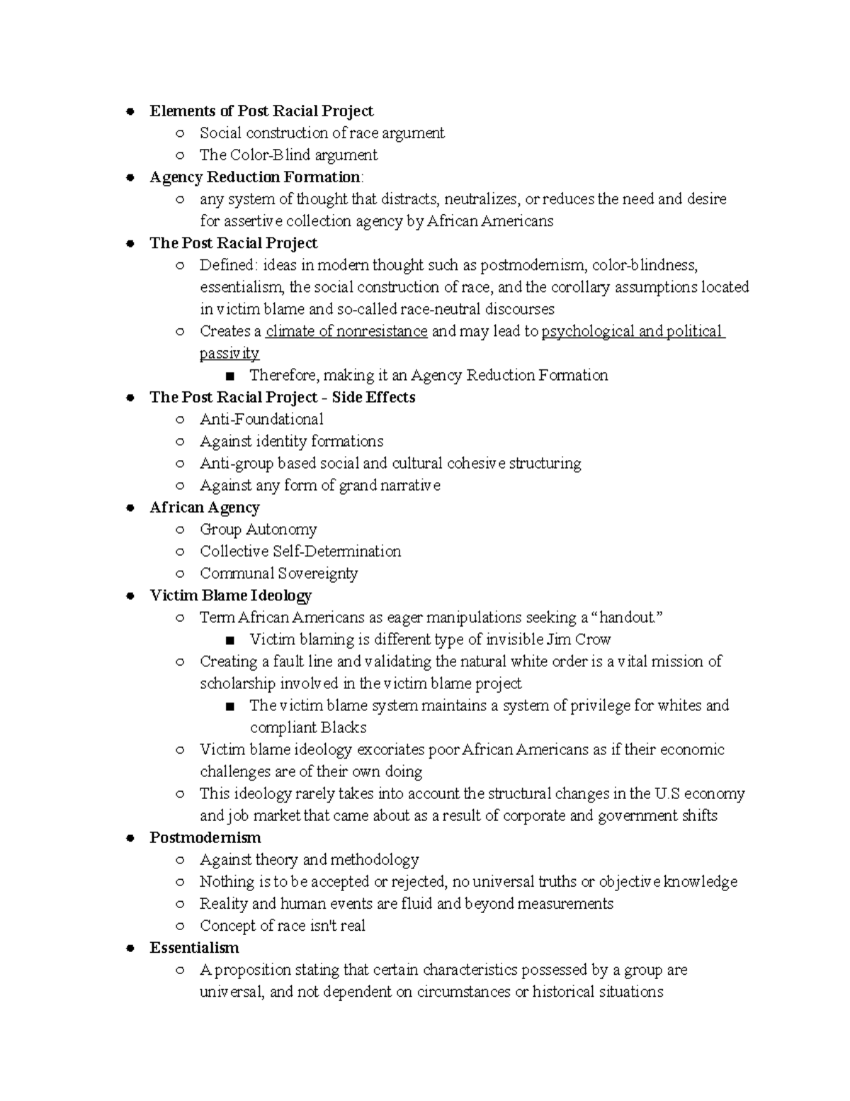 Post racial projects - Lecture notes 4 - Elements of Post Racial ...