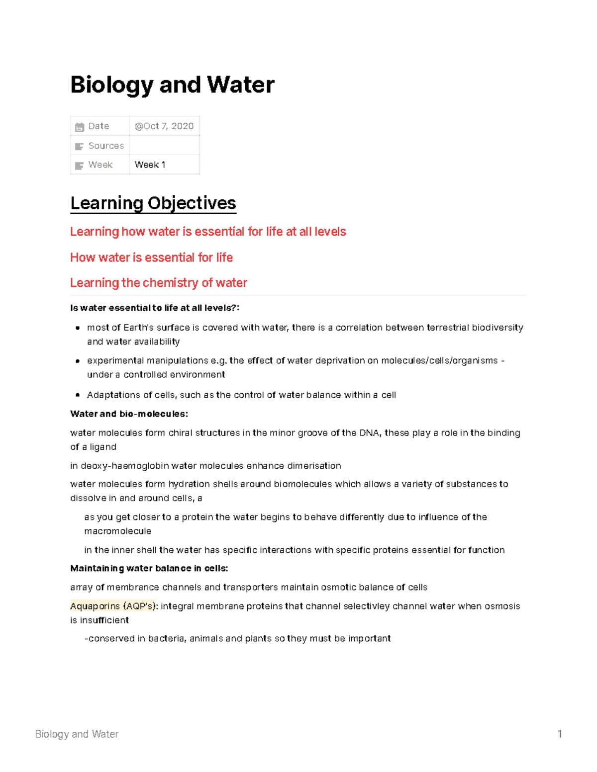 Biology and Water - Lecture notes 1 - Biology and Water Date Sources ...