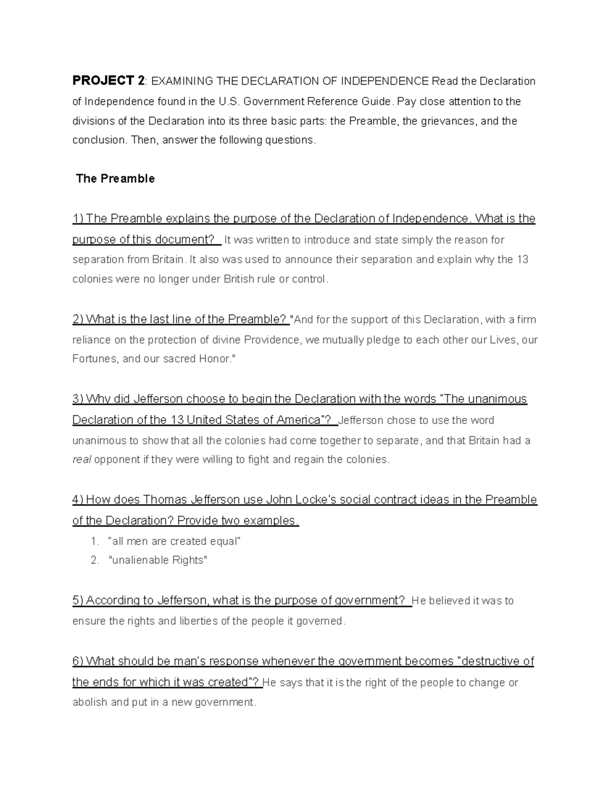 Project 2 - PROJECT 2: EXAMINING THE DECLARATION OF INDEPENDENCE Read ...