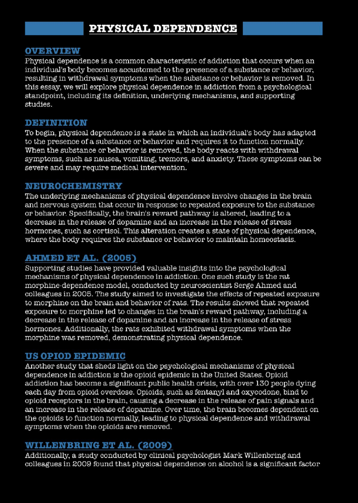 Physical Dependence - Summary - 18205 - Studocu