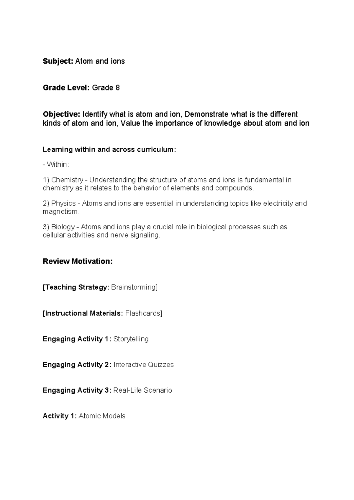 Atom and Ions - Lesson plan,that can help you in COT or in demo ...