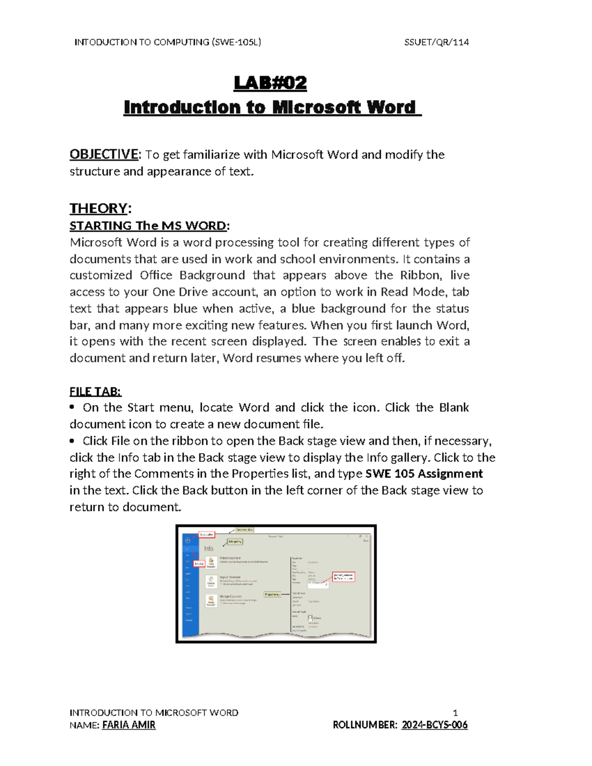 LAB 2 Itc Software Engineeering - LAB# Introduction to Microsoft Word OBJECTIVE: To get ...