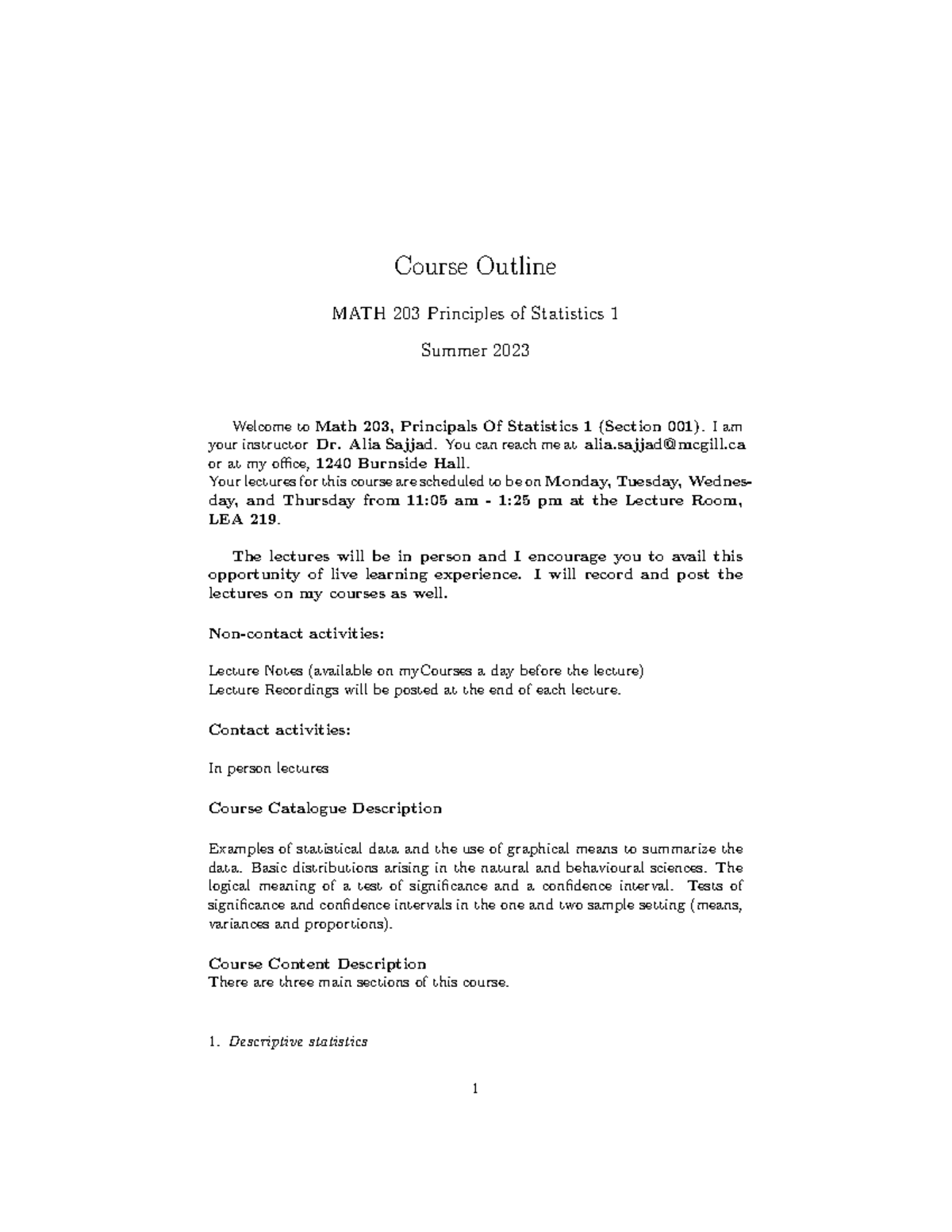 Math 203 Course Outline S23 - Copy - Course Outline MATH 203 Principles ...
