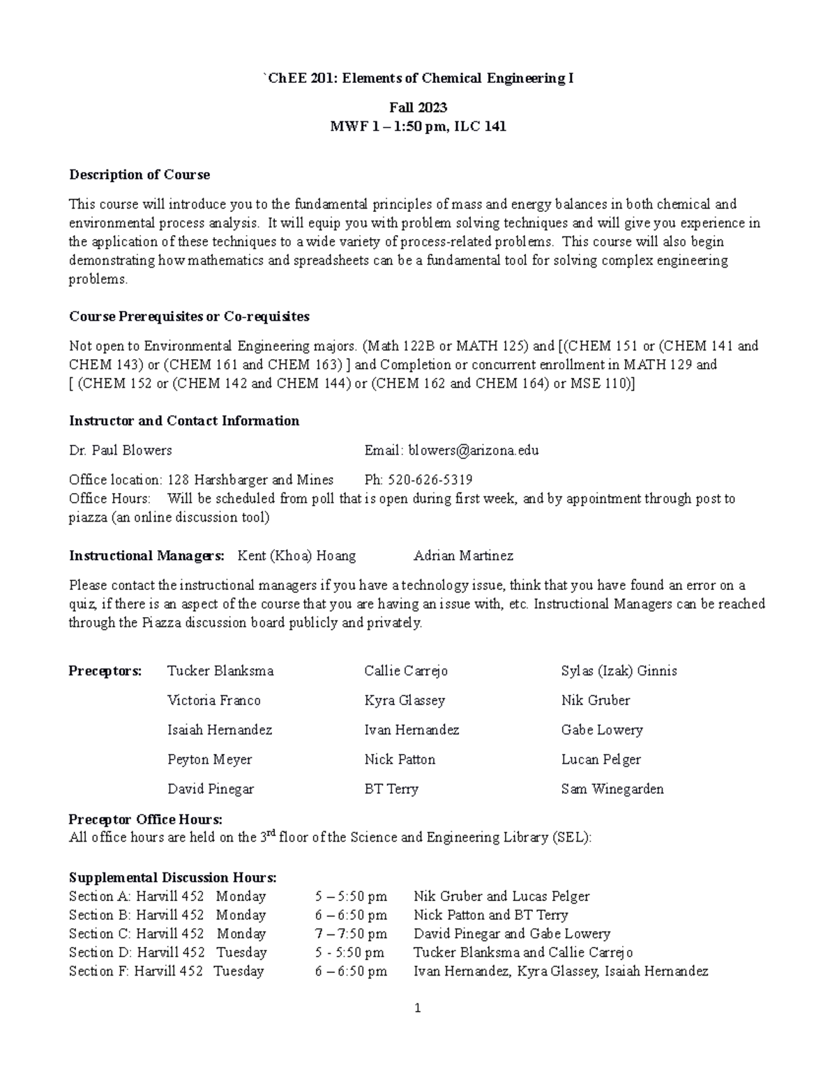 Ch EE 201-2023 Syllabus - `ChEE 201: Elements of Chemical Engineering I ...