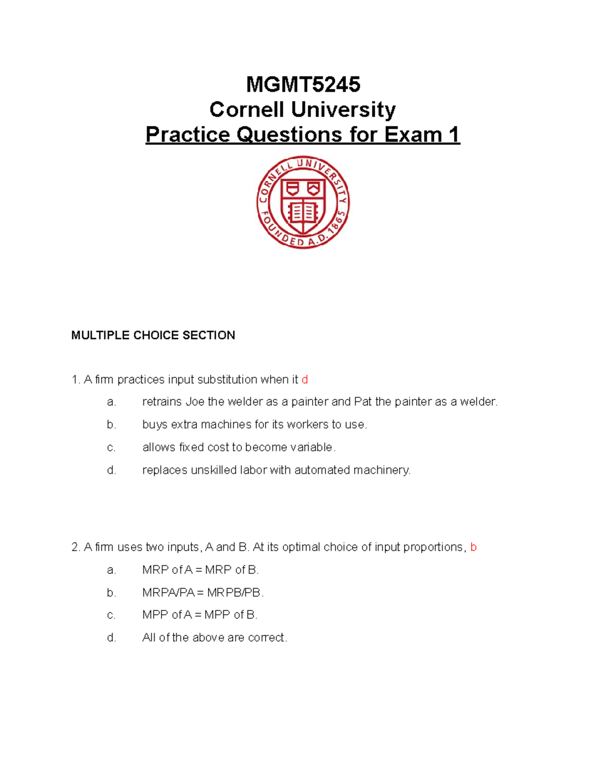 Practice questions for exam 1 - MGMT Cornell University Practice ...