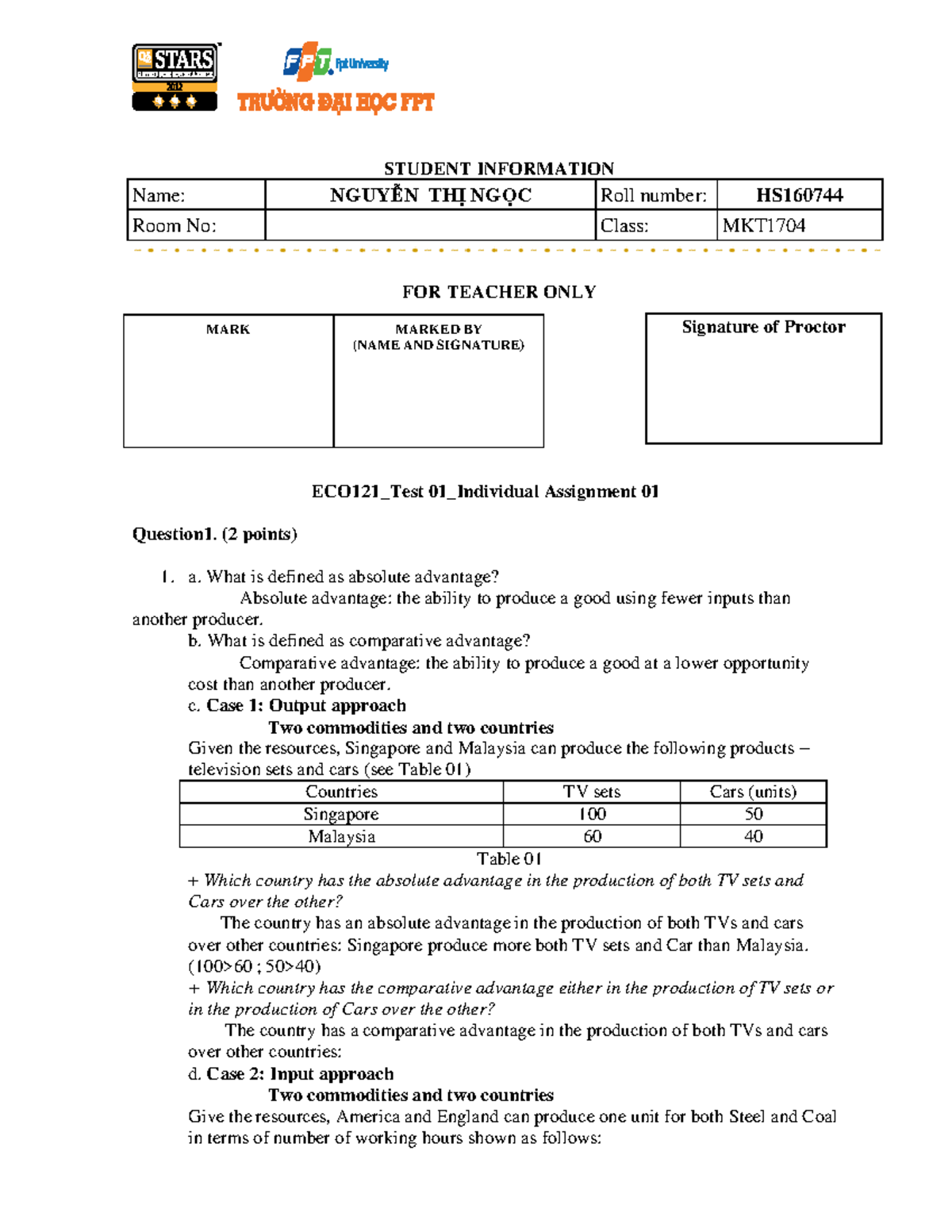 ECO121 Test 01 Individual Assignment 01 - STUDENT INFORMATION Name ...