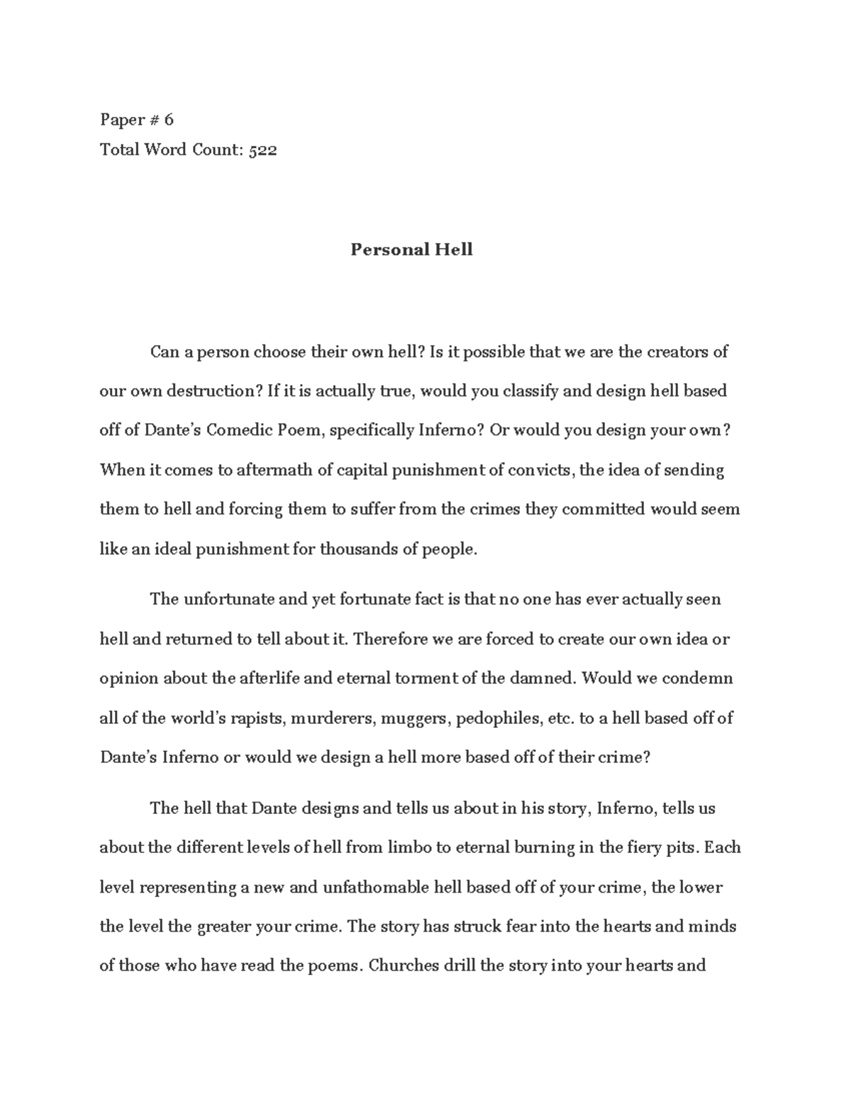 Paper 6. Dantes hell or personal hell - Paper # 6 Total Word Count: 522 ...