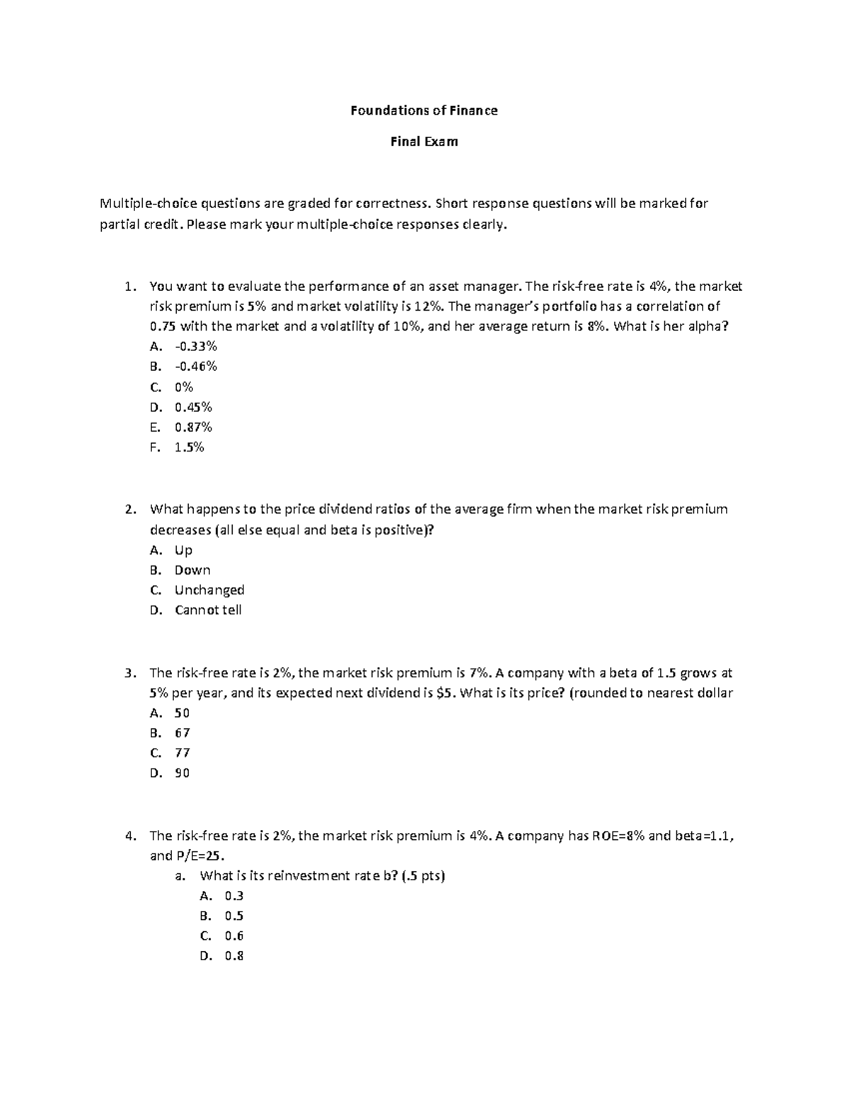 Practice Final - Foundations of Finance Final Exam Multiple-choice ...