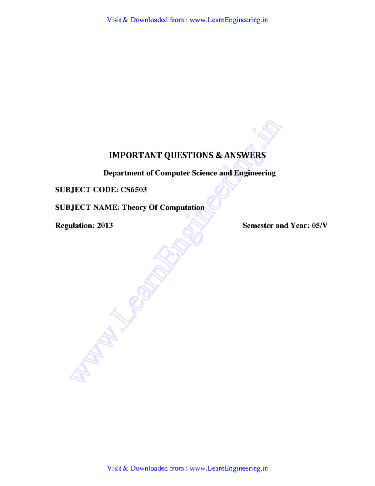 Toc - toc 5th sem assignment - ENGINEERING COLLEGES 2016 – 17 Odd Semester IMPORTANT QUESTIONS ...