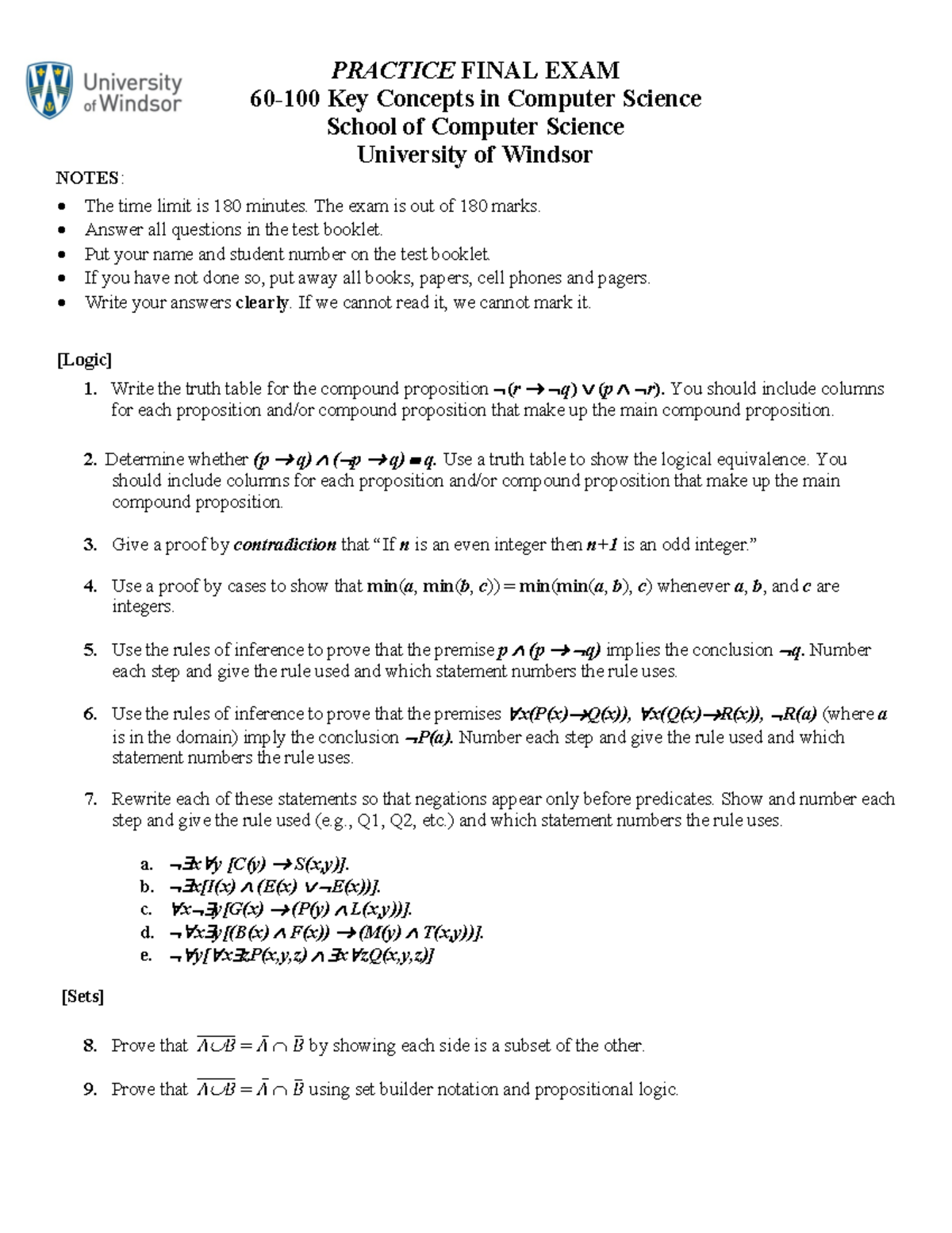 Practise Final Exam - PRACTICE FINAL EXAM 60 - 100 Key Concepts in Computer Science School of ...