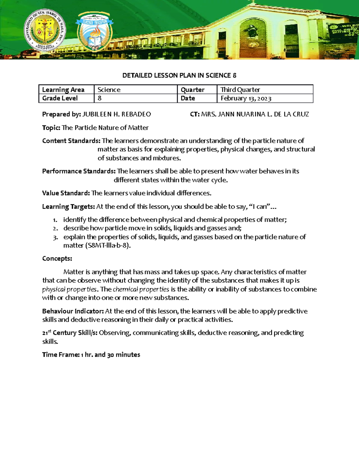 REvised-LP-1 - Lesson Plan - Particle nature of Matter - DETAILED ...