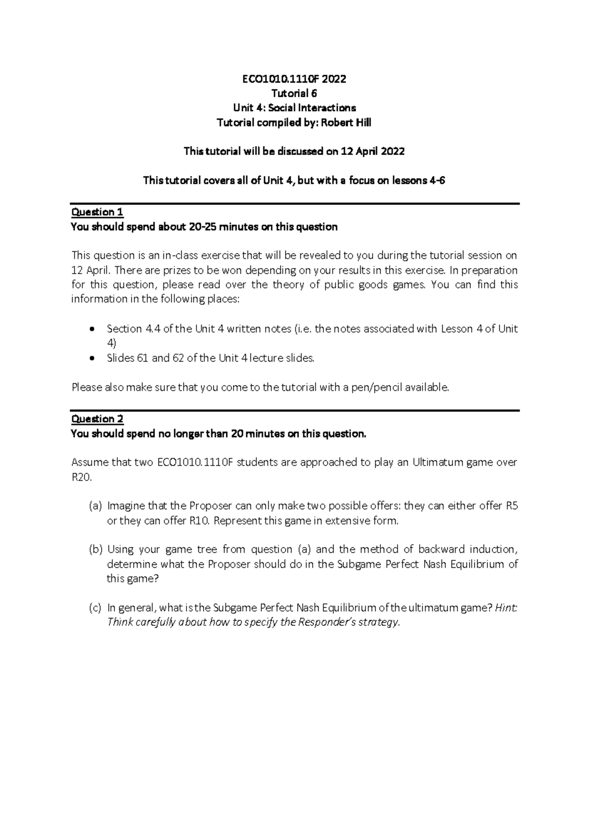 Tutorial+6 - Questions - ECO1010 2022 Tutorial 6 Unit 4 : Social ...