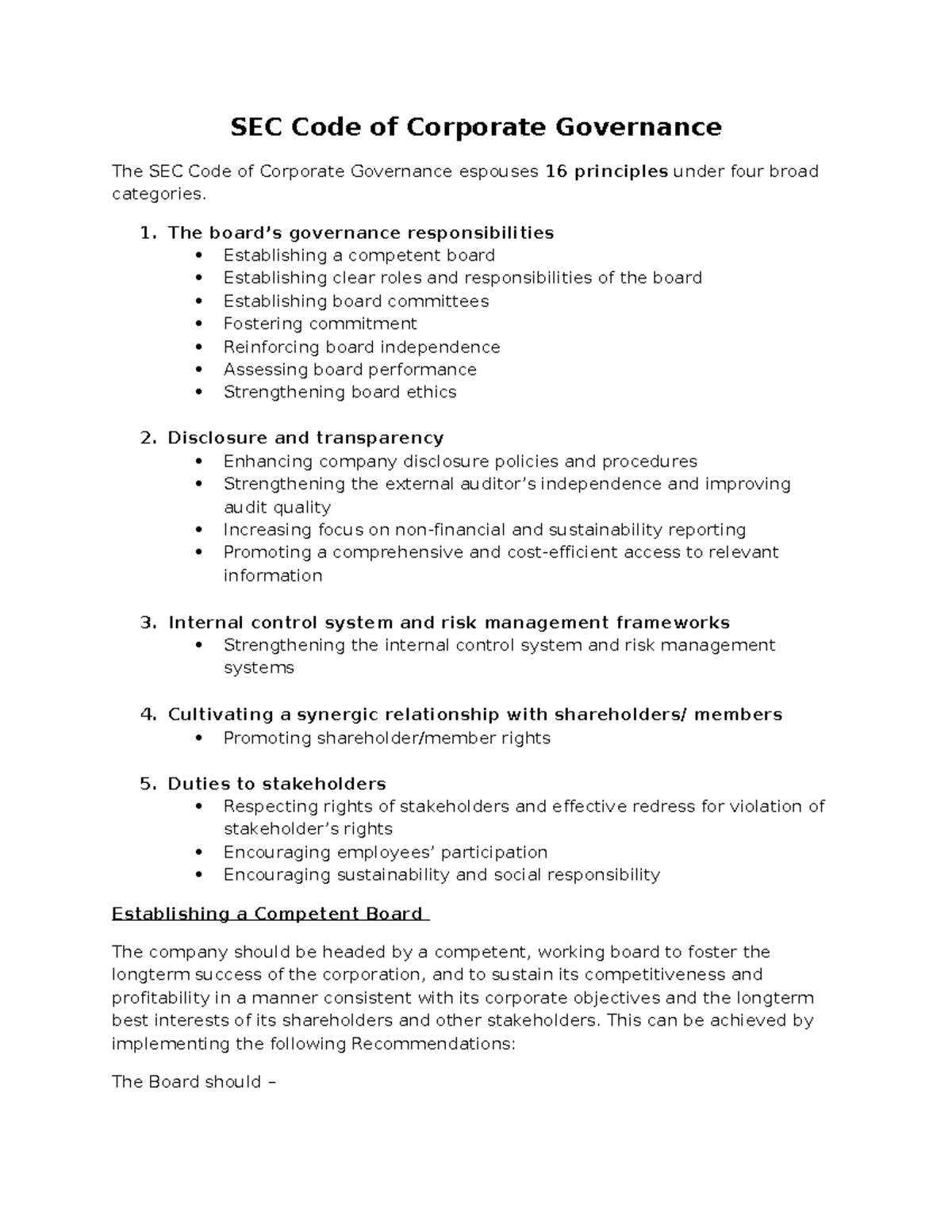 SEC Code of Corporate Governance - The board’s governance ...