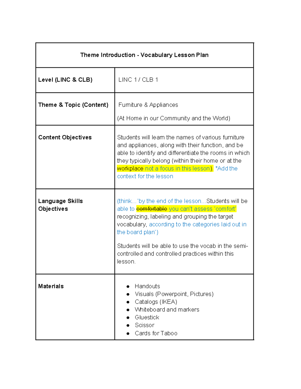 LINC 1 / CLB 1 Furniture & Appliances Vocabulary Lesson Plan - Theme ...
