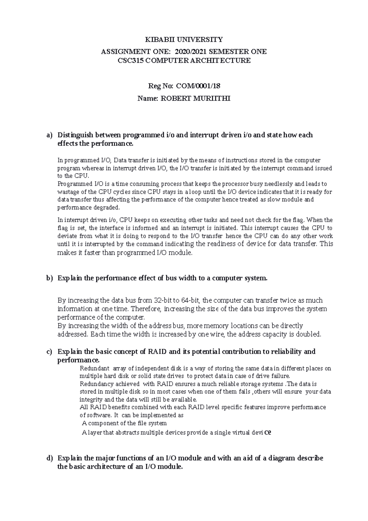 Computer arch assignmentr - KIBABII UNIVERSITY ASSIGNMENT ONE: 2020/ ...
