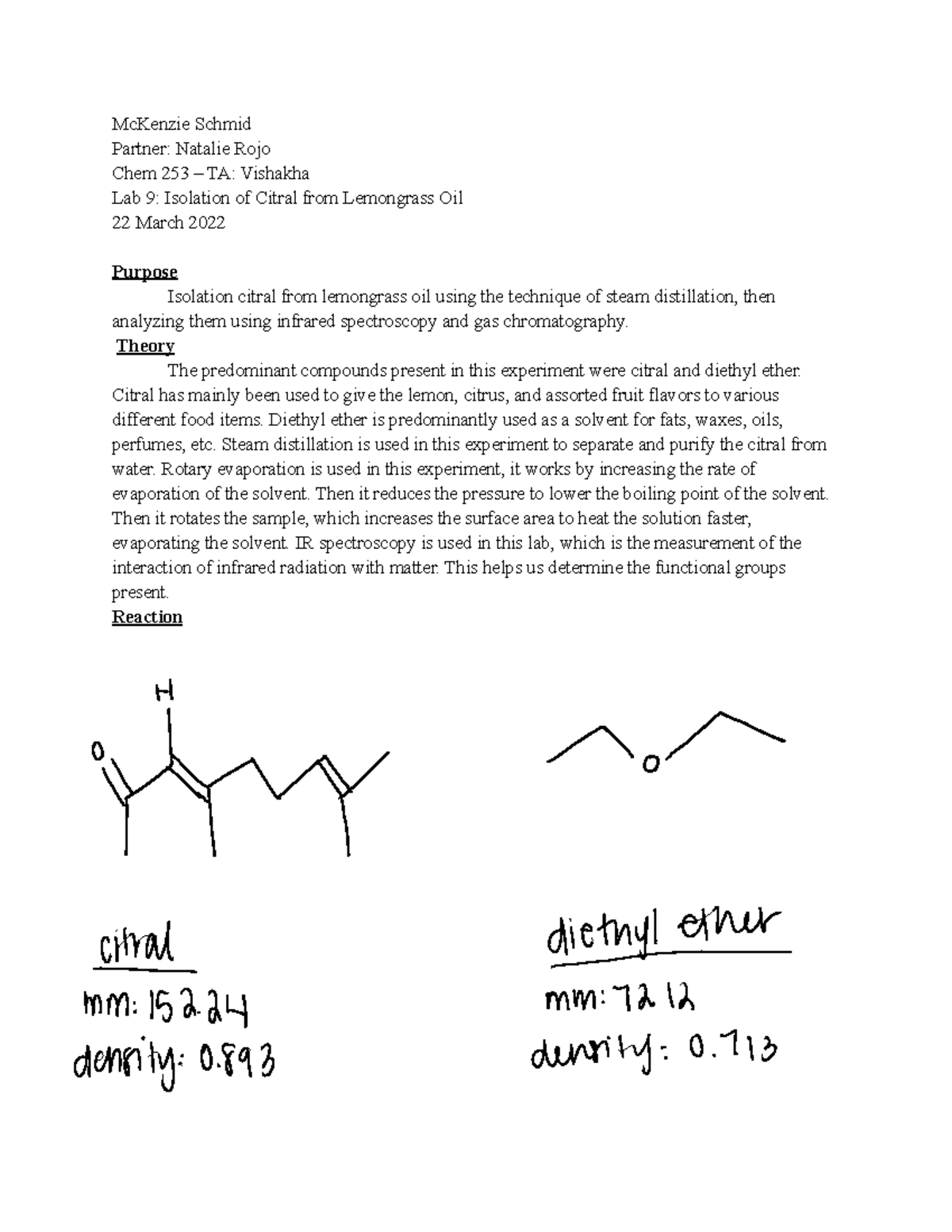 Chem Experiment 9 Report - McKenzie Schmid Partner: Natalie Rojo Chem ...