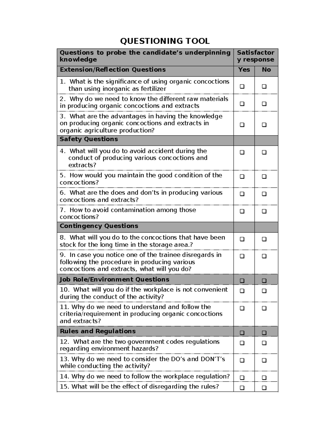 Question Tool - QUESTIONING TOOL Questions to probe the candidate’s ...
