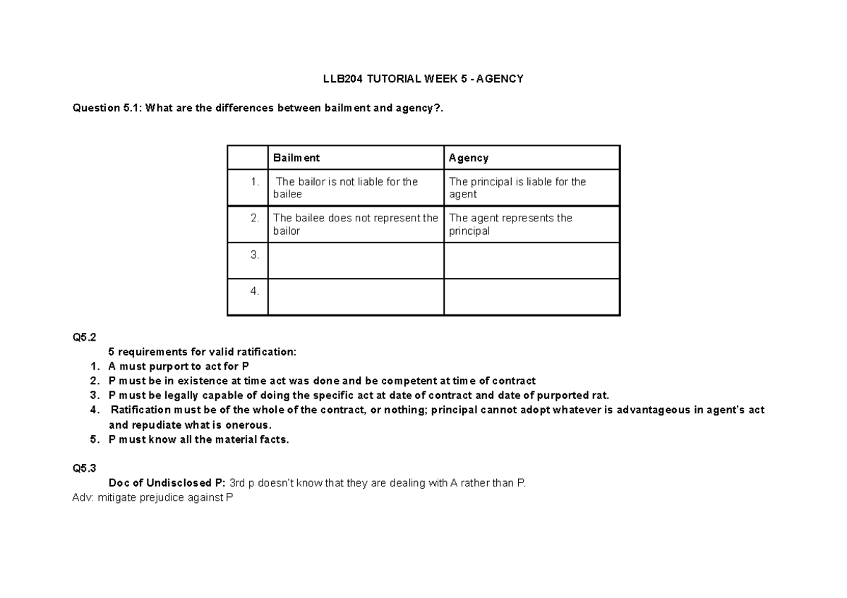 LLB204 Tutorial Week 5 - Agency Tuesday 230-4 - LLB204 TUTORIAL WEEK 5 ...