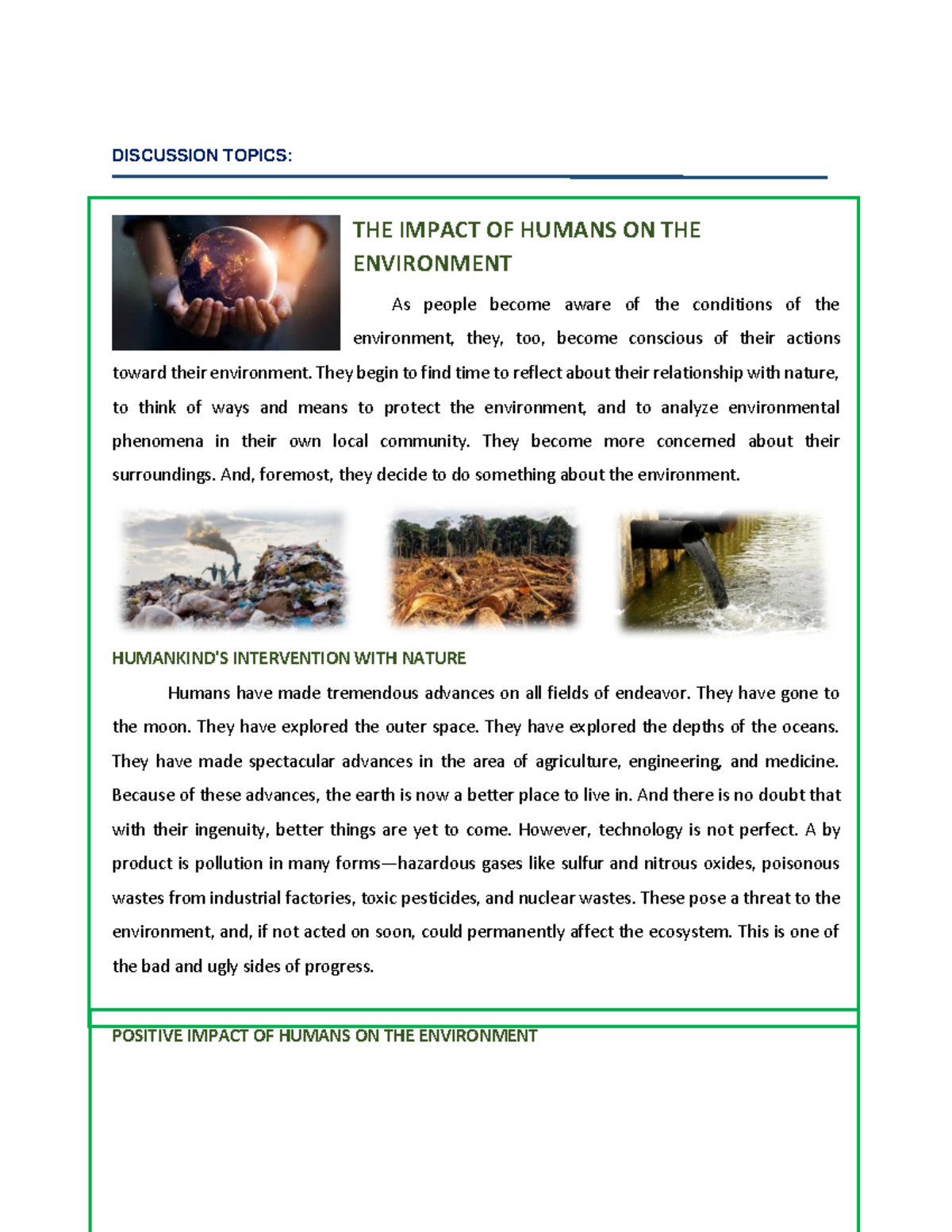 ENVIRONMENTAL SCIENCE : Impact of humans on the environment ...