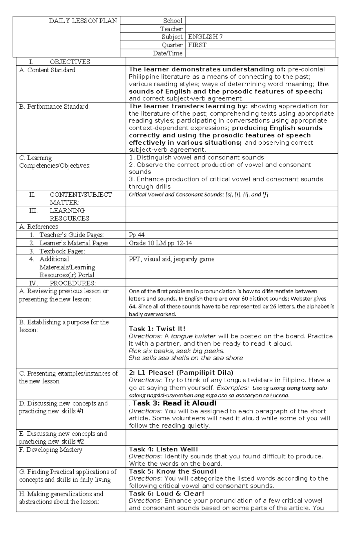 1 - MAJR IN ENGLISH - DAILY LESSON PLAN School Teacher Subject ENGLISH ...
