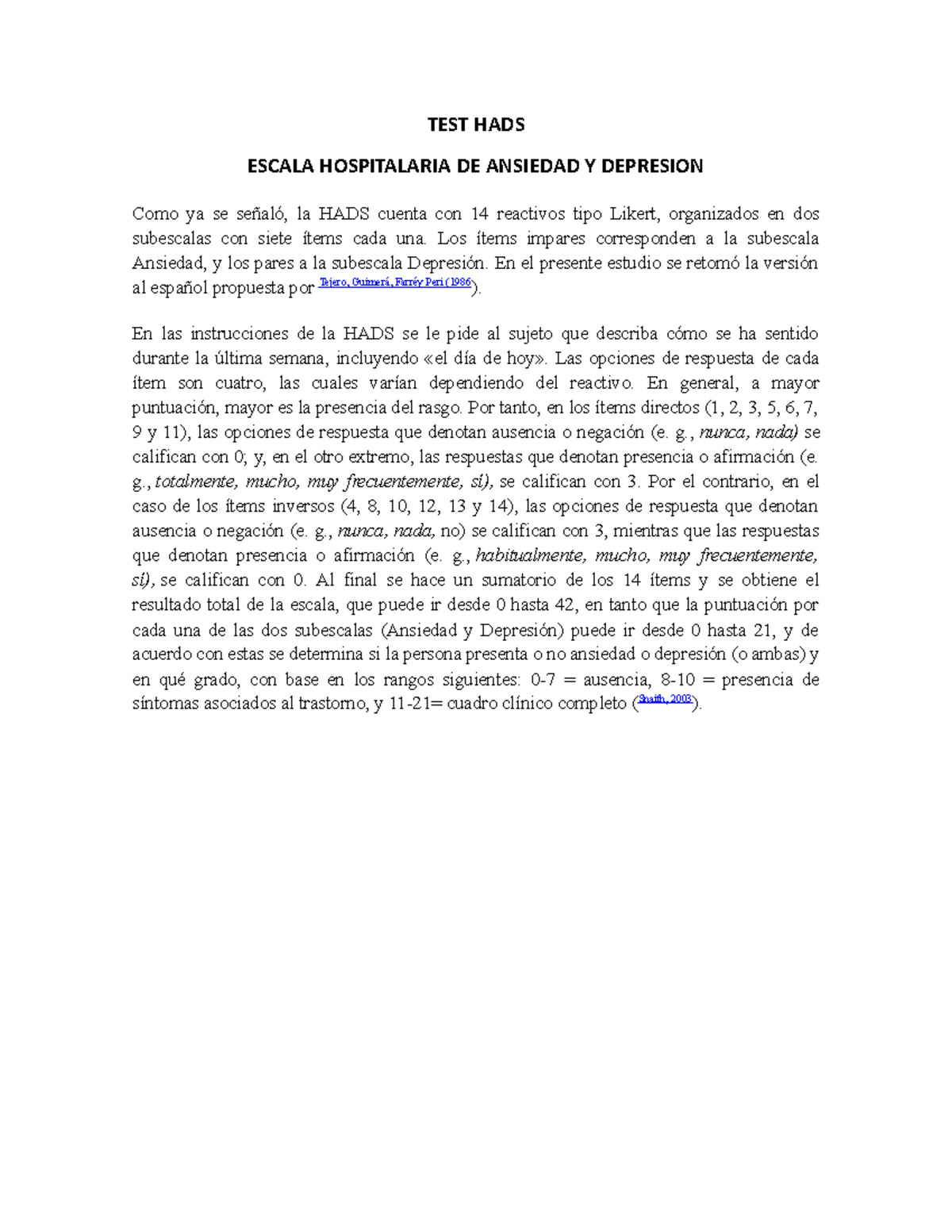 Escala Hospitalaria DE Ansiedad Y Depresion Resultados - TEST HADS ...