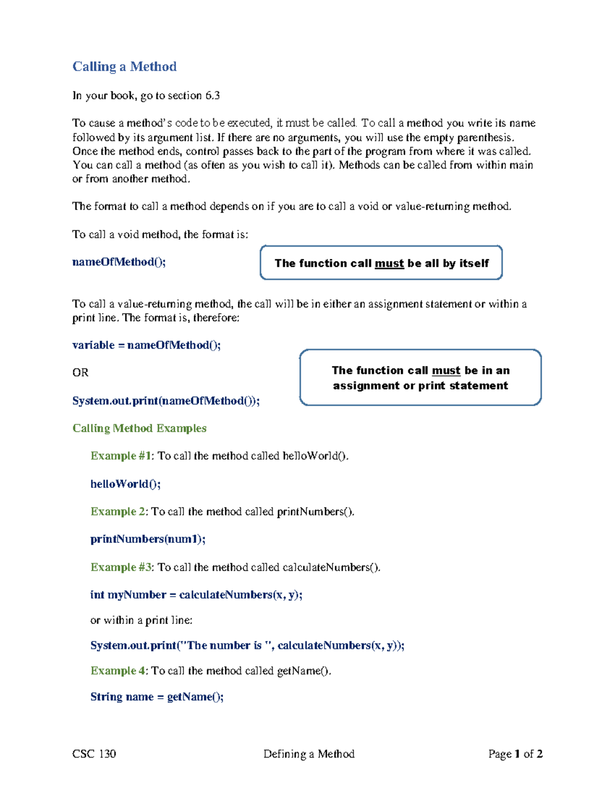 Calling A Method Professor Christine Kikuchi Csc 130 Defining A Method Page 1 Of 2 Calling A