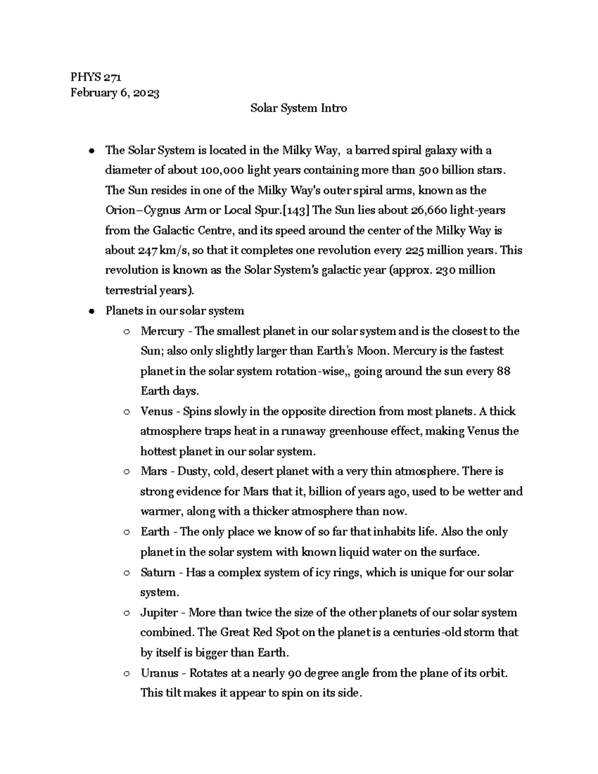 Astronomy - 2 6 23 - PHYS 271 February 6, 2023 Solar System Intro The ...