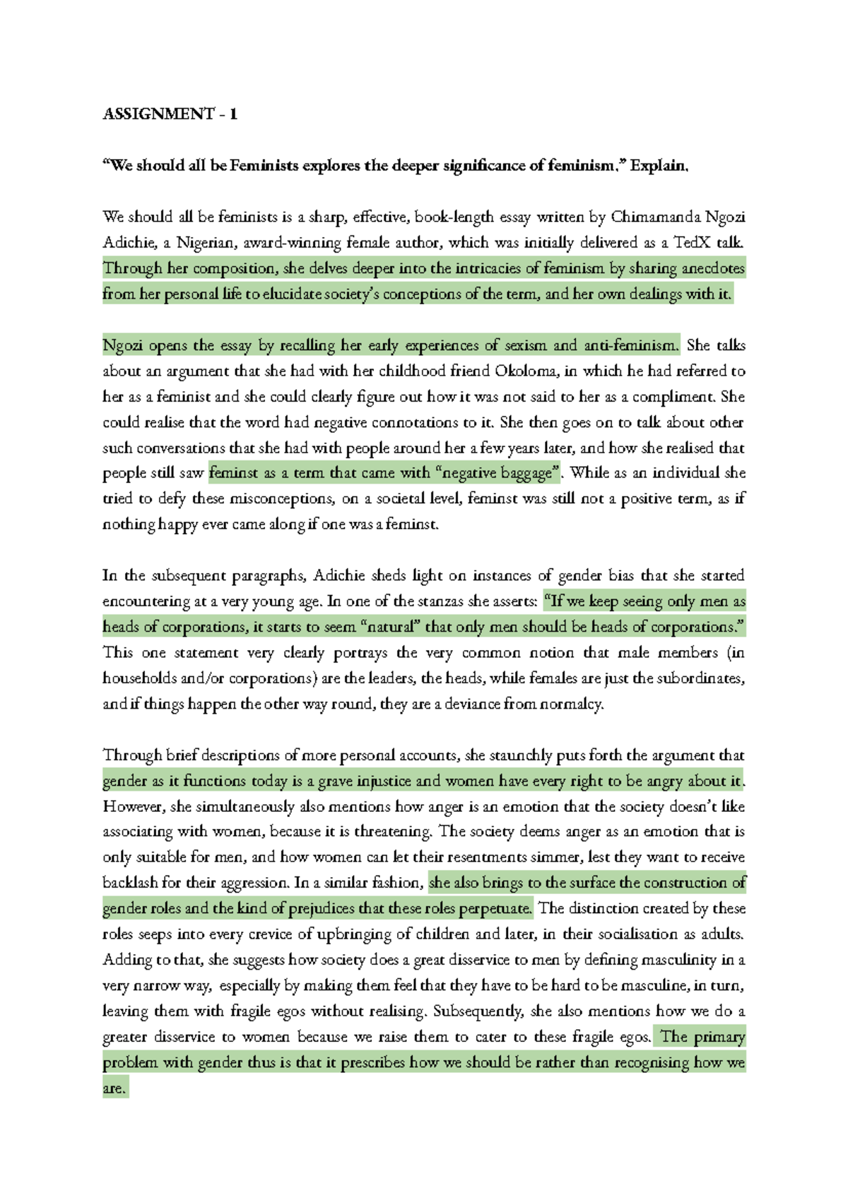 Assignment 1 - Feminism - ASSIGNMENT - 1 “We should all be Feminists ...