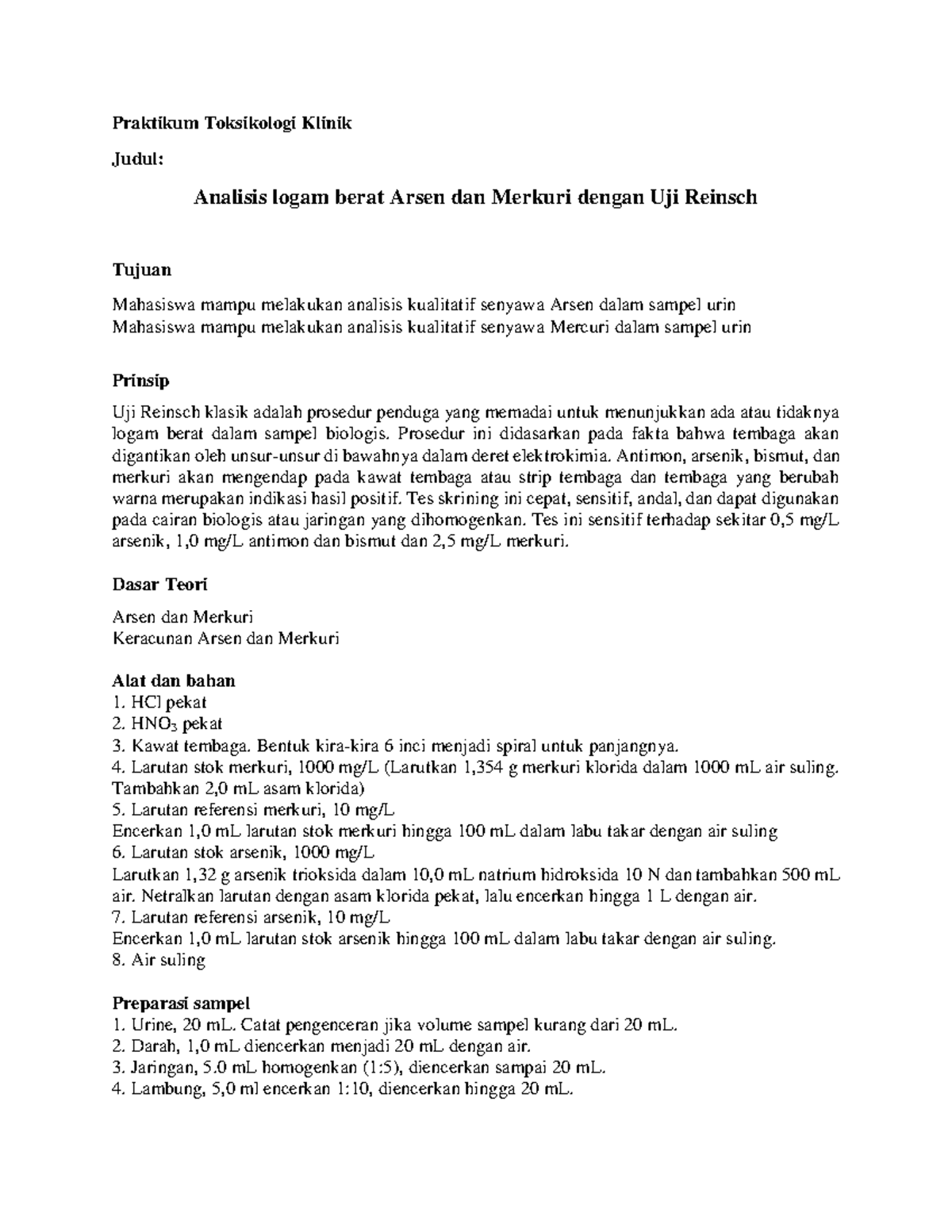 Praktikum Uji Mercuri dan Arsen - Praktikum Toksikologi Klinik Judul ...
