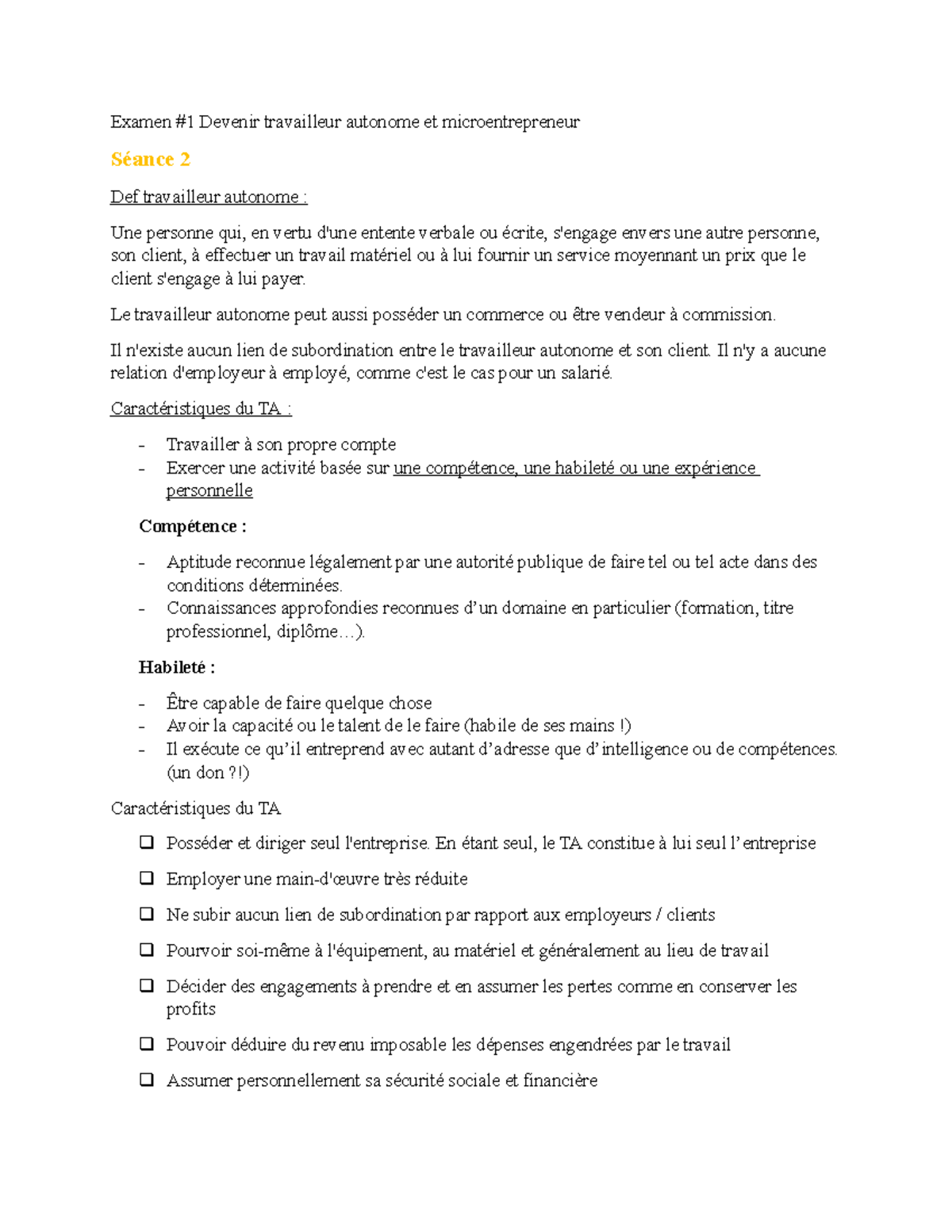 Examen #1 - Examen #1 Devenir travailleur autonome et microentrepreneur ...