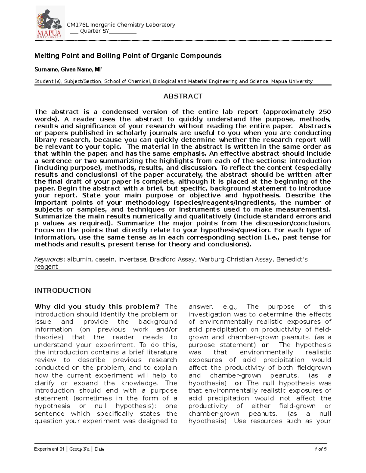 Experiment 1 Lab report - ___ Quarter SY__________ Melting Point and ...