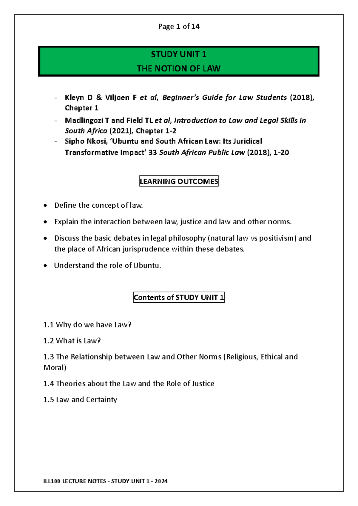 ILL100 Lecture Notes - Study UNIT 1 - 2024 - STUDY UNIT 1 THE NOTION OF ...