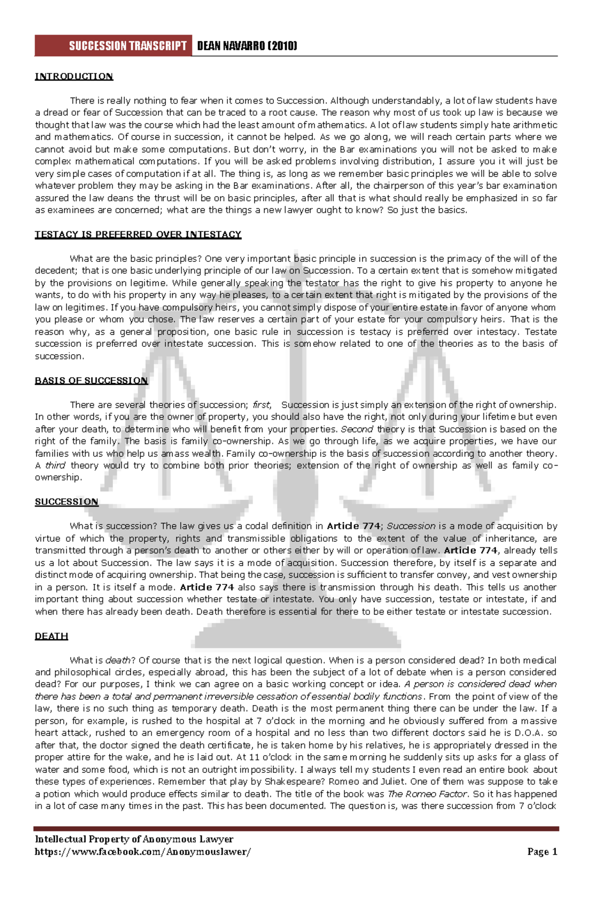 Wills transcript Dean Navarro willls and sucession - Intellectual ...