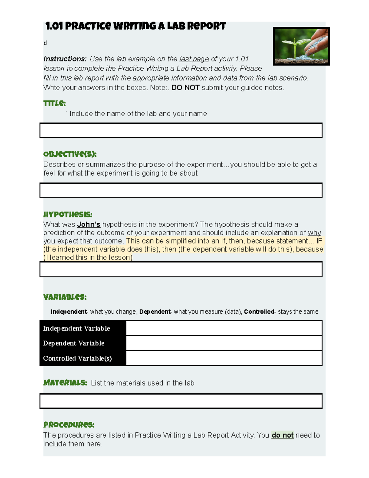 Copy of 101Exploring Life Lab Report - 1 Practice Writing a Lab Report d Instructions: Use the ...