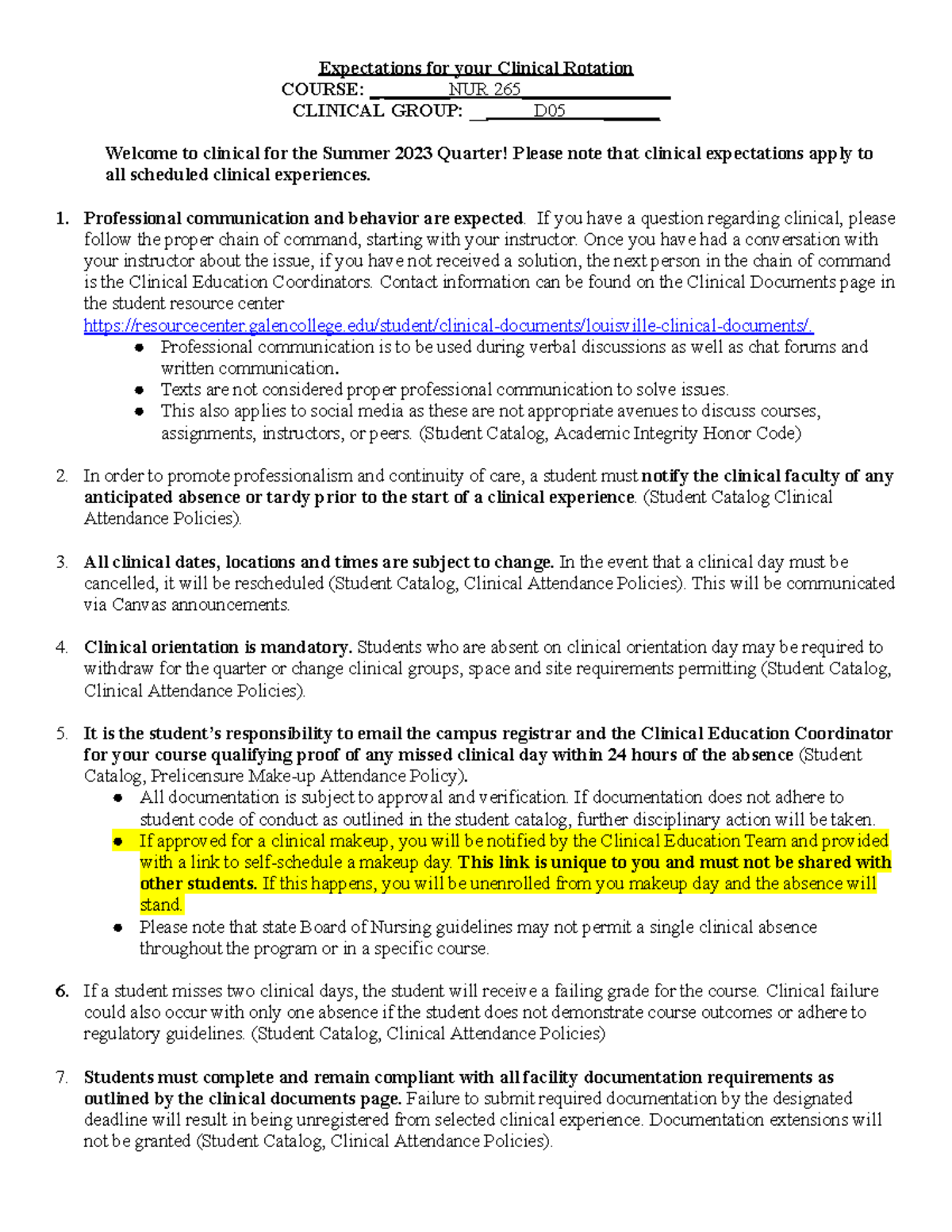 Clinical Expectations Summer 2023-NUR 265.docx - Expectations for your ...